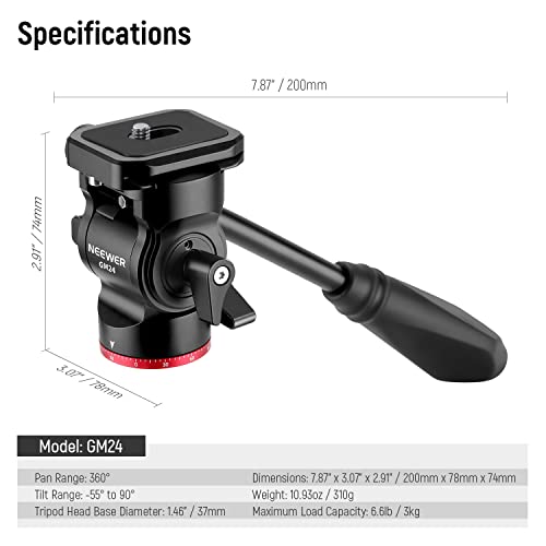 NEEWER Tripod Fluid Head Pan Tilt Head with Arca Type Quick Release Plate and Handle, Metal Panorama Head with Scaled Base (⌀37mm) for Compact Video Camera DSLR Camera, Load up to 6.6lb, GM24 (Red)