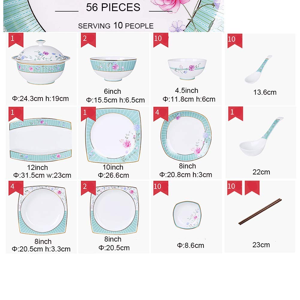 Pottery tableware,Dinnerware Set, Dishes/Plate/Bowl/Cup Set, Fine Bone China Dinnerware Sets, Collection Ceramic Dinner Sets, Christmas Dinnerware, Kitchen Sets for Home,56pcs Square Service for