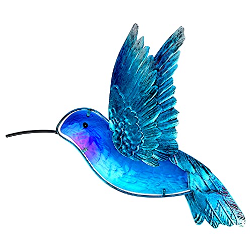 John's Studio Metal Hummingbird Wall Decor Bathroom Glass Art Iron Sculpture Outdoor Hanging Decoration for Home Bedroom Garden Patio Porch or Fence - Blue