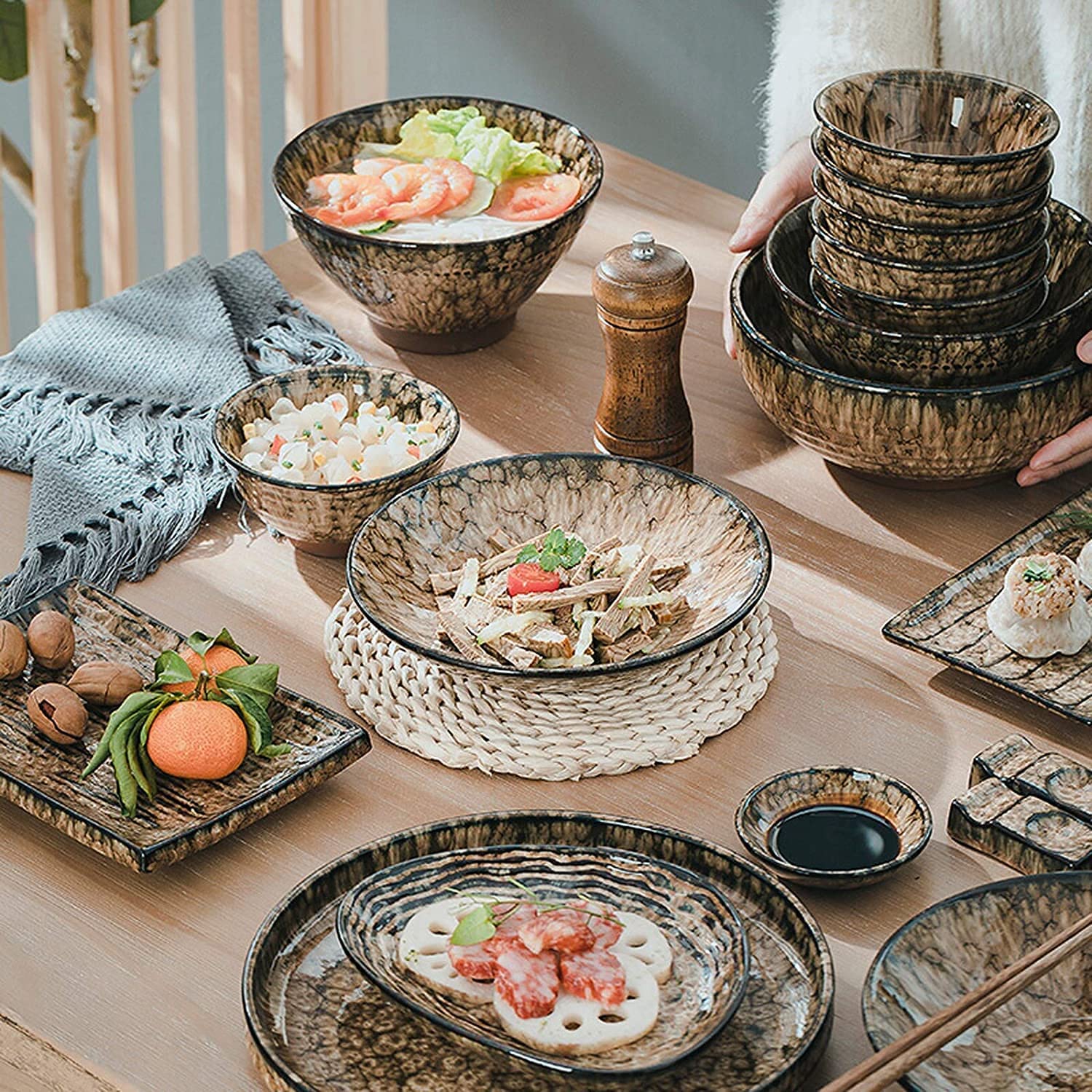 Porcelain Plate and Bowl Set,Dinnerware Set for Home or Special Restaurant, Ceramics Dinner Sets, 66 Pieces Leopard Glaze Porcelain Dinnerware Set | Japanese-Style Steak Plate Cereal Bowl and Soup Bo