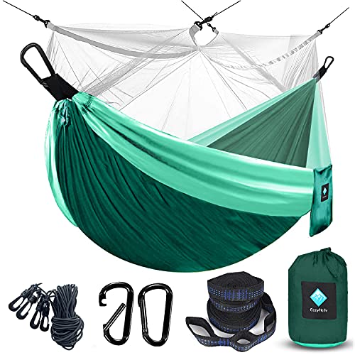 Hammocks with Net, Mosquito Net Hammock for Camping Portable Nylon Hammocks Parachute Lightweight with Tree Straps, Garden Swing Hammock for Outdoor Hiking Travel (Cyan/Dark Green)