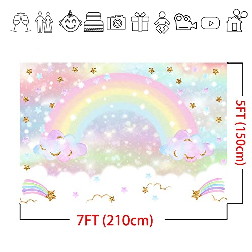 Mocsicka Rainbow Backdrop 7x5ft Pastel Rainbow Birthday Cloud Glitter Stars for Kids' Party Decorations Cake Table Banner Rainbow Baby Shower Photography Background