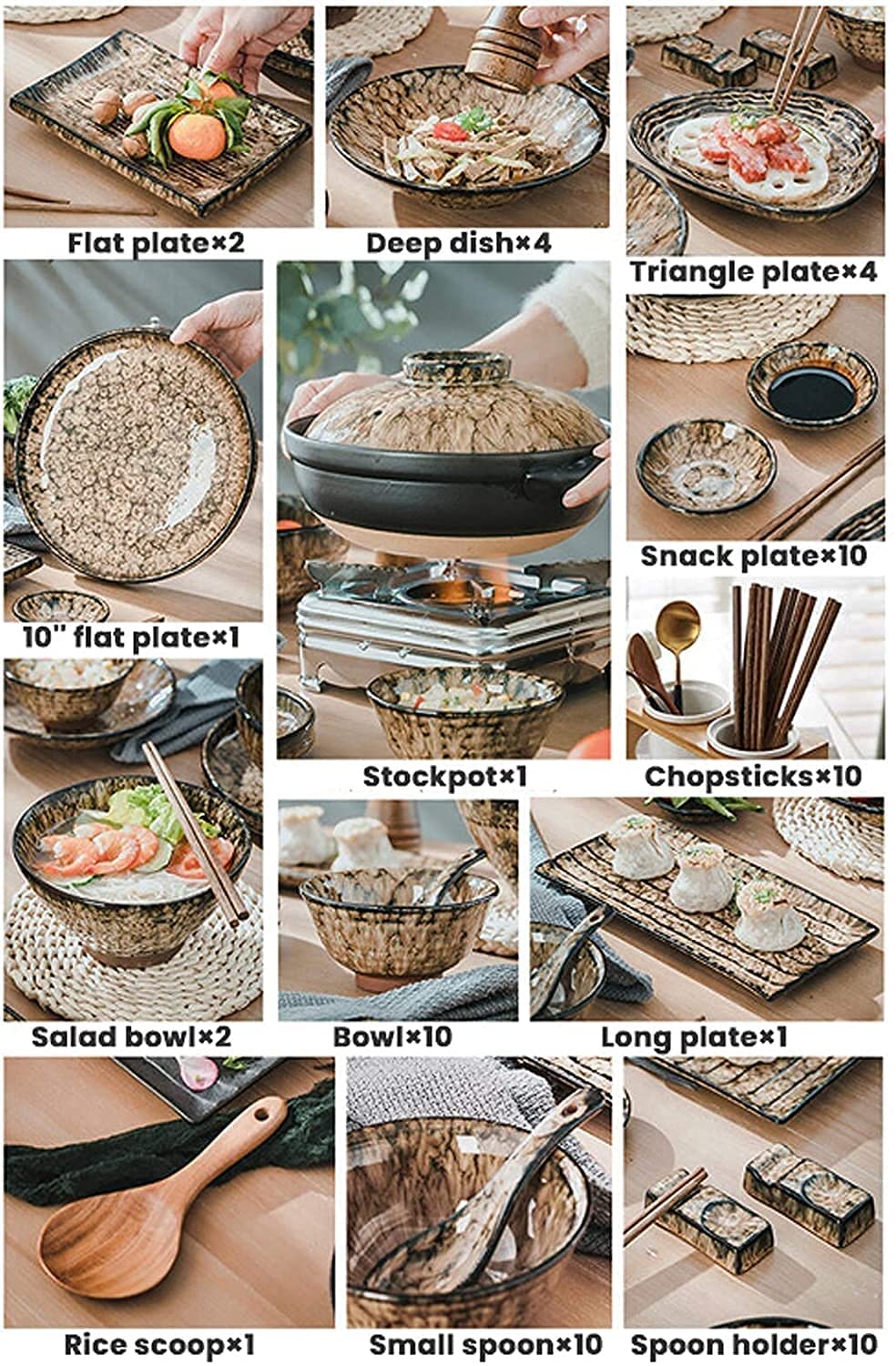 Porcelain Plate and Bowl Set,Dinnerware Set for Home or Special Restaurant, Ceramics Dinner Sets, 66 Pieces Leopard Glaze Porcelain Dinnerware Set | Japanese-Style Steak Plate Cereal Bowl and Soup Bo