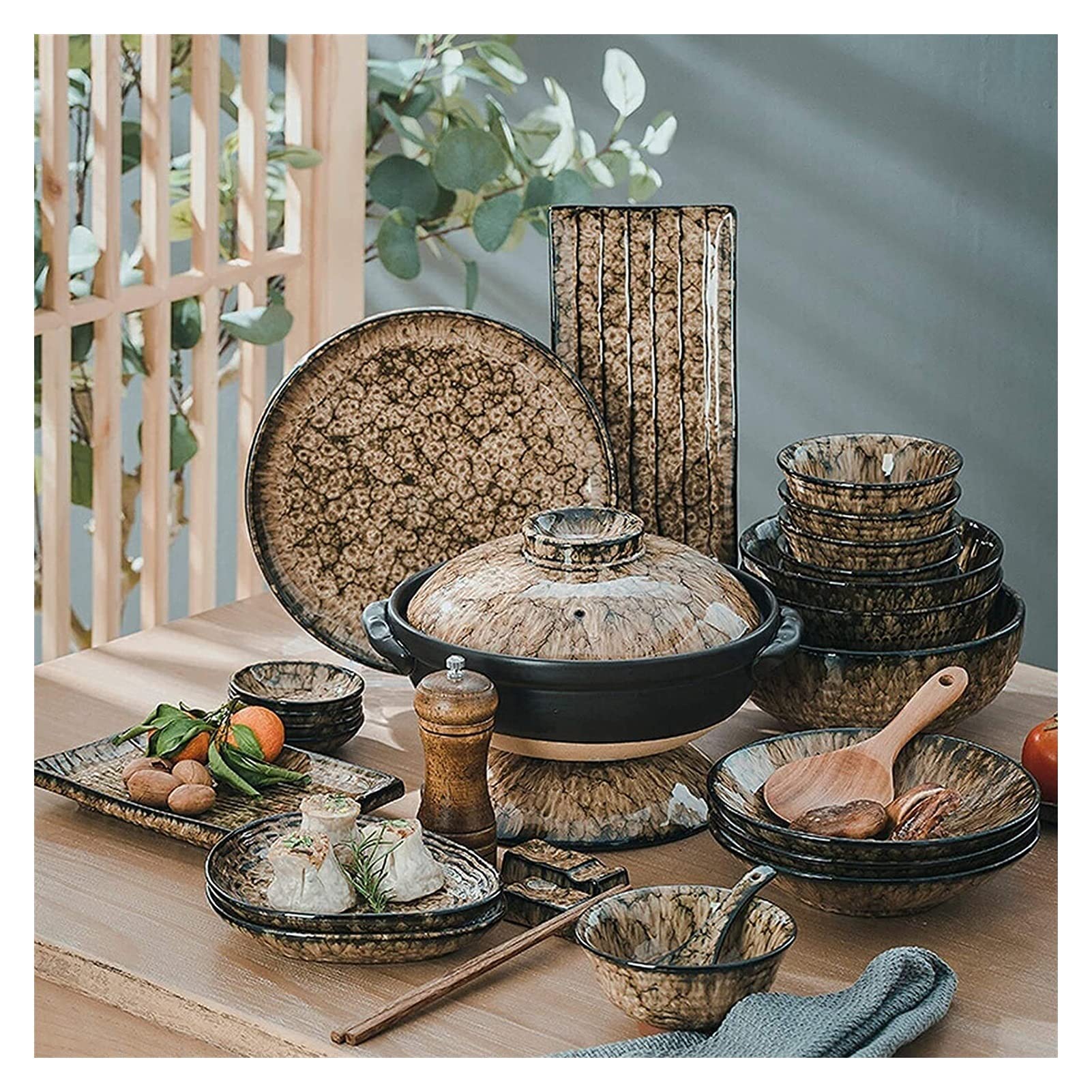 Porcelain Plate and Bowl Set,Dinnerware Set for Home or Special Restaurant, Ceramics Dinner Sets, 66 Pieces Leopard Glaze Porcelain Dinnerware Set | Japanese-Style Steak Plate Cereal Bowl and Soup Bo