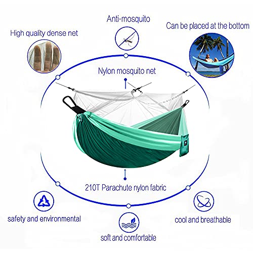 Hammocks with Net, Mosquito Net Hammock for Camping Portable Nylon Hammocks Parachute Lightweight with Tree Straps, Garden Swing Hammock for Outdoor Hiking Travel (Cyan/Dark Green)