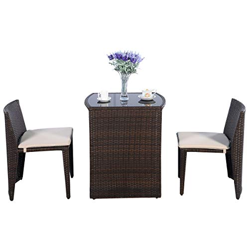 Casart 3 Pieces Wicker Patio Set Outdoor Dining Table W/Glass Top Coffee Table and 2 Wicker Chairs for Lawn, Garden Convention Bistro Set