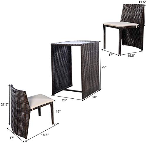 Casart 3 Pieces Wicker Patio Set Outdoor Dining Table W/Glass Top Coffee Table and 2 Wicker Chairs for Lawn, Garden Convention Bistro Set