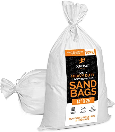 Empty Sand Bags, with Ties – White 14" x 26" Heavy Duty Woven Polypropylene, UV Sun Protection, Dust, Water and Oil Resistant - Home and Industrial - Floods, Photography and More (Bundle of 10)