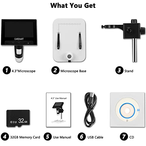 4.3 Inch Digital Microscope, Carenart Coin Microscope with 32GB TF Card 50X-1000X Magnification with 8 Adjustable LED Lights for Adults Kids Outside and Home Use