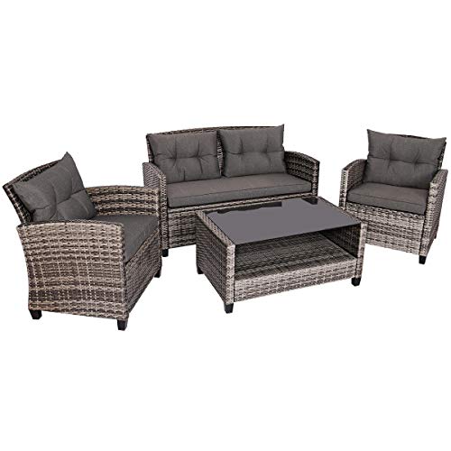 Tangkula 4 PCS Patio Wicker Conversation Furniture Set, Outdoor Rattan Sofa Set with Padded Cushion & Tempered Glass Coffee Table, Wicker Sectional Sofas & Table for Courtyard Balcony Garden (1, Grey)