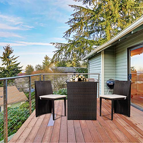 Casart 3 Pieces Wicker Patio Set Outdoor Dining Table W/Glass Top Coffee Table and 2 Wicker Chairs for Lawn, Garden Convention Bistro Set
