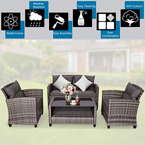 Tangkula 4 PCS Patio Wicker Conversation Furniture Set, Outdoor Rattan Sofa Set with Padded Cushion & Tempered Glass Coffee Table, Wicker Sectional Sofas & Table for Courtyard Balcony Garden (1, Grey)
