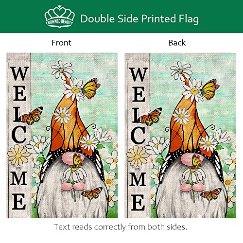 CROWNED BEAUTY Spring Summer Garden Flag Gnome Floral Butterfly Daisy Welcome 12×18 Inch Double Sided Outside Vertical Yard Flag