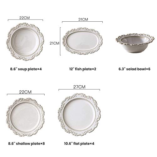 Stylish Dinner Plates,Ceramics Dinnerware Set, Cereal Bowl Soup Plate and Steak Plate Set of 24 | French Vintage Embossed Palace Style Porcelain Dinner Sets for Wedding Gift