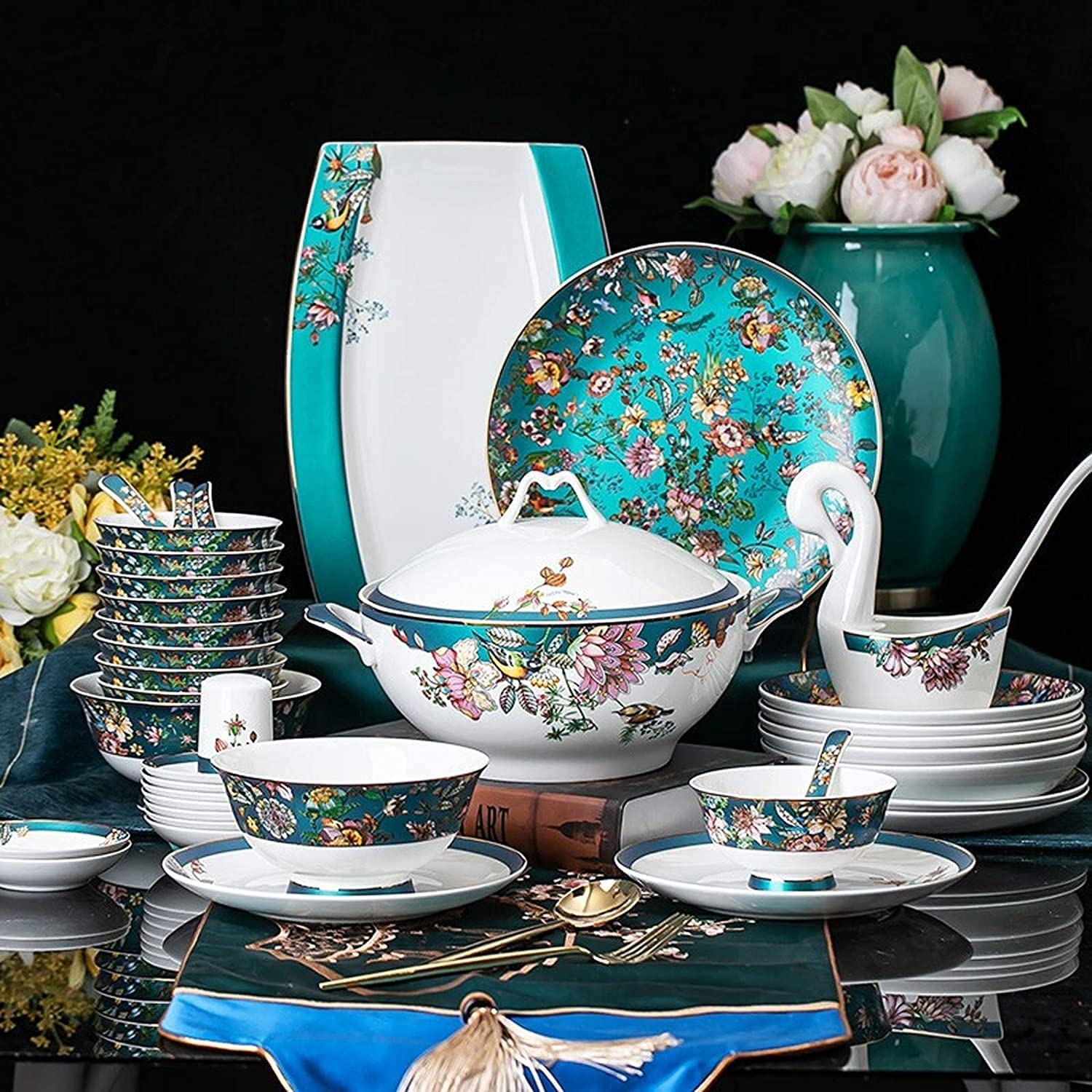 Porcelain Plate and Bowl Set,Dinnerware Set for Home or Special Restaurant, Ceramics Dinner Set, 52 Pieces Porcelain Dinnerware Sets | Bone China Soup Pot and Enamel Cereals Bowls - High-end Wedding