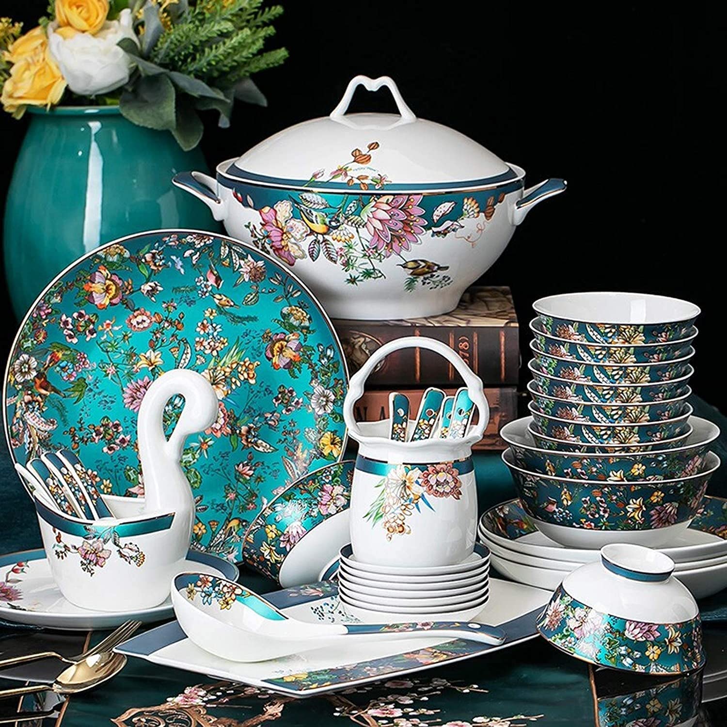 Porcelain Plate and Bowl Set,Dinnerware Set for Home or Special Restaurant, Ceramics Dinner Set, 52 Pieces Porcelain Dinnerware Sets | Bone China Soup Pot and Enamel Cereals Bowls - High-end Wedding