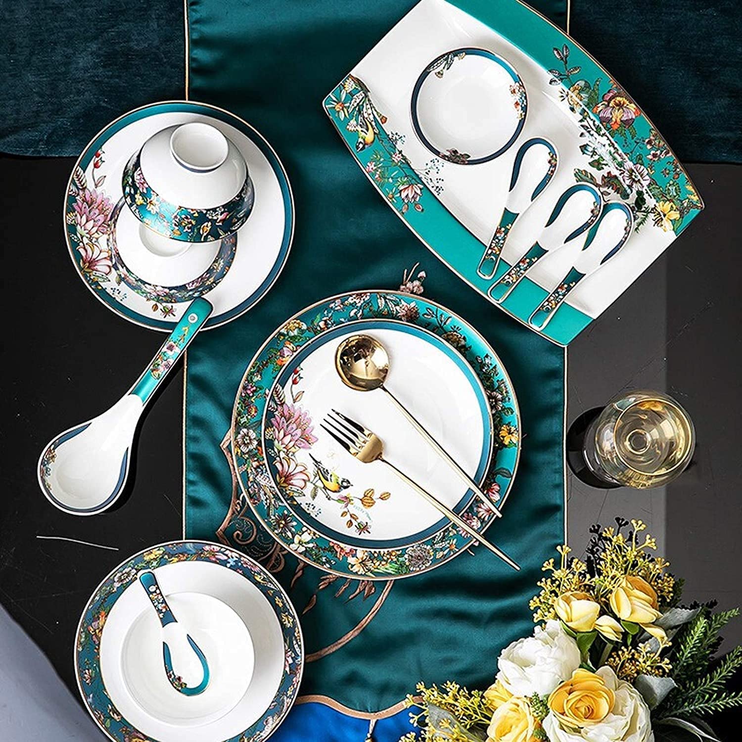 Porcelain Plate and Bowl Set,Dinnerware Set for Home or Special Restaurant, Ceramics Dinner Set, 52 Pieces Porcelain Dinnerware Sets | Bone China Soup Pot and Enamel Cereals Bowls - High-end Wedding