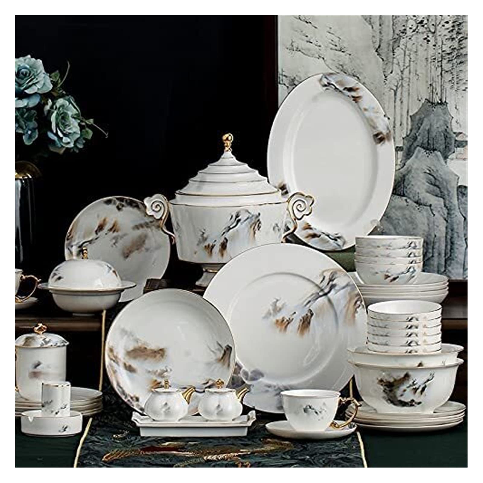GagalU Dinner SetsDinnerware Set for Home or Special Restaurant, 99PCS Chinese Style Bone China Dinnerware Set Household Phnom Penh Ceramic Bowl Dishes Plate Service for 12