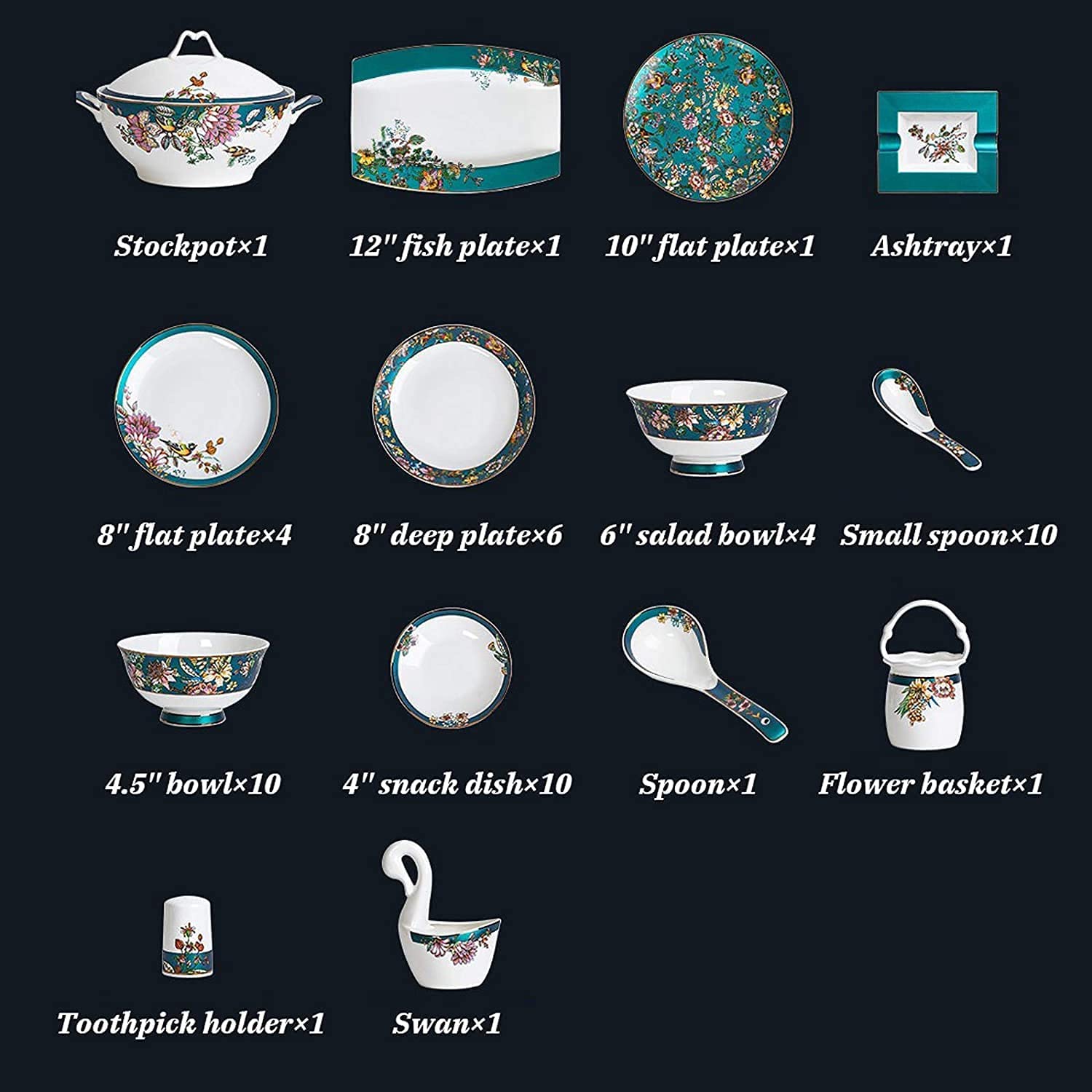 Porcelain Plate and Bowl Set,Dinnerware Set for Home or Special Restaurant, Ceramics Dinner Set, 52 Pieces Porcelain Dinnerware Sets | Bone China Soup Pot and Enamel Cereals Bowls - High-end Wedding
