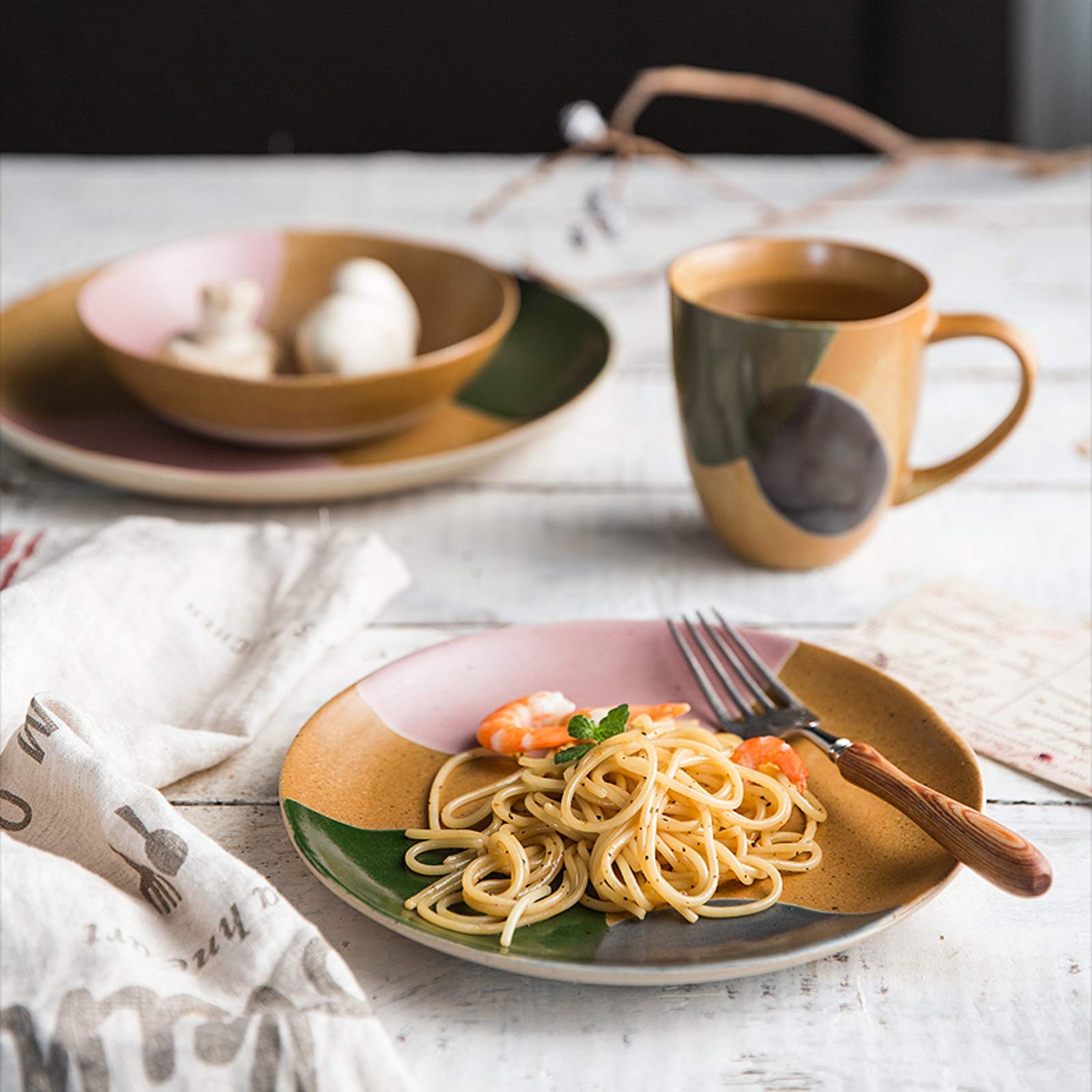 GagalU Dinner Set,Porcelain Dinnerware Sets, 18 Pieces Retro Color Stitching Ceramics Dinner Combination Set | Cereals Bowls and Steak Plates Sets with Mug for Restaurant