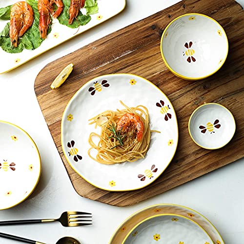 Porcelain Plate and Bowl Set,High-End Dinner Set,Ceramics Dinner Sets, 48 Pieces Cartoon Hand Drawn Bee Pattern Cereal Bowl and Steak Plate Set | Porcelain Dinnerware Set for Family Gathering