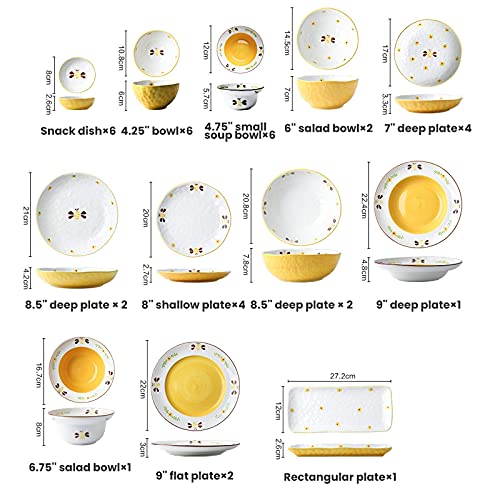 Porcelain Plate and Bowl Set,High-End Dinner Set,Ceramics Dinner Sets, 48 Pieces Cartoon Hand Drawn Bee Pattern Cereal Bowl and Steak Plate Set | Porcelain Dinnerware Set for Family Gathering