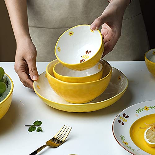 Porcelain Plate and Bowl Set,High-End Dinner Set,Ceramics Dinner Sets, 48 Pieces Cartoon Hand Drawn Bee Pattern Cereal Bowl and Steak Plate Set | Porcelain Dinnerware Set for Family Gathering