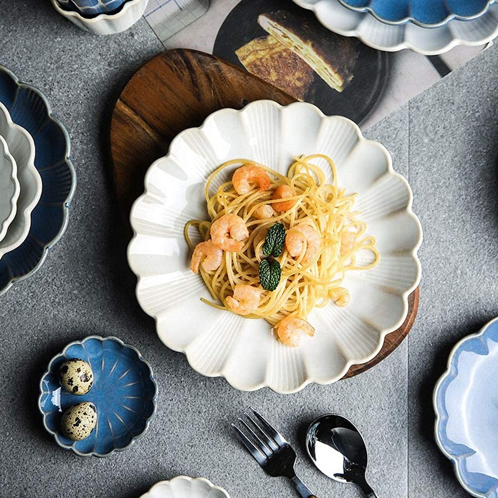 Ceramic Kitchen Dinner Set ServiceDishes/Plate/Bowl Set,12 Pieces Dinnerware Set, Thick and Durable Dinner Set, Creativity Flower Shape Dishes, Including Plates, Bowls and Mugs, Service for 2,Blue