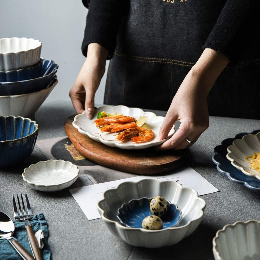 Ceramic Kitchen Dinner Set ServiceDishes/Plate/Bowl Set,12 Pieces Dinnerware Set, Thick and Durable Dinner Set, Creativity Flower Shape Dishes, Including Plates, Bowls and Mugs, Service for 2,Blue