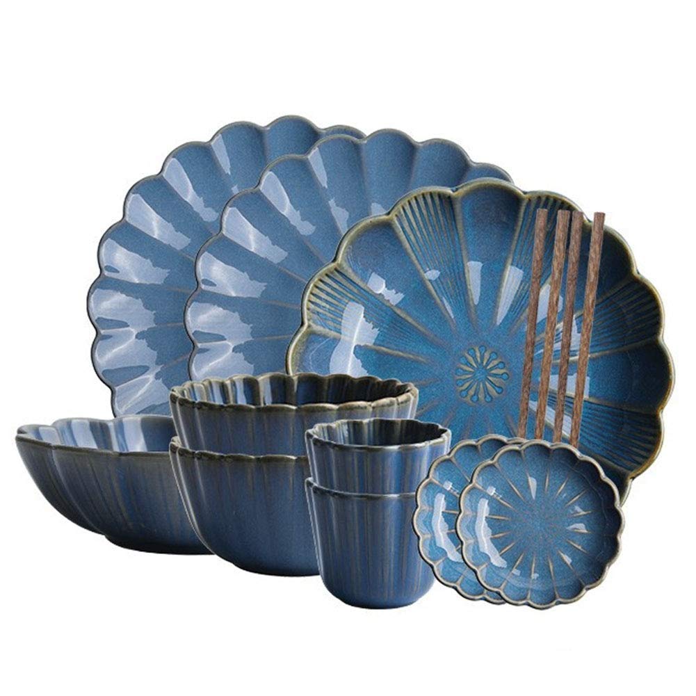 Ceramic Kitchen Dinner Set ServiceDishes/Plate/Bowl Set,12 Pieces Dinnerware Set, Thick and Durable Dinner Set, Creativity Flower Shape Dishes, Including Plates, Bowls and Mugs, Service for 2,Blue