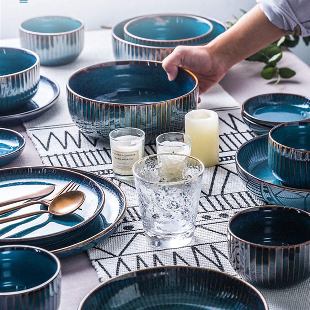 Fine Dinnerware Set,Dinnerware Set,Blue Porcelain Dinnerware Sets, Ceramic Plates and Bowls Dinner Sets, Modern Creativity Reactive Glaze Stoneware Dishes Set for Kitchen/Dining,28 piece (serving 8 pe