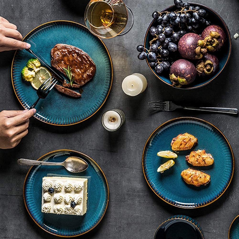 Fine Dinnerware Set,Dinnerware Set,Blue Porcelain Dinnerware Sets, Ceramic Plates and Bowls Dinner Sets, Modern Creativity Reactive Glaze Stoneware Dishes Set for Kitchen/Dining,28 piece (serving 8 pe