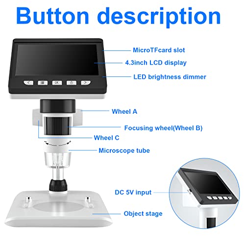 CIMELR LCD Digital Microscope 4.3 inch Handheld USB Microscope 50X-1000X Magnification PCB Coin Soldering Microscope Video Camera for Adults/Kids - 8 LED Lights, SD Card Included,Windows Compatible