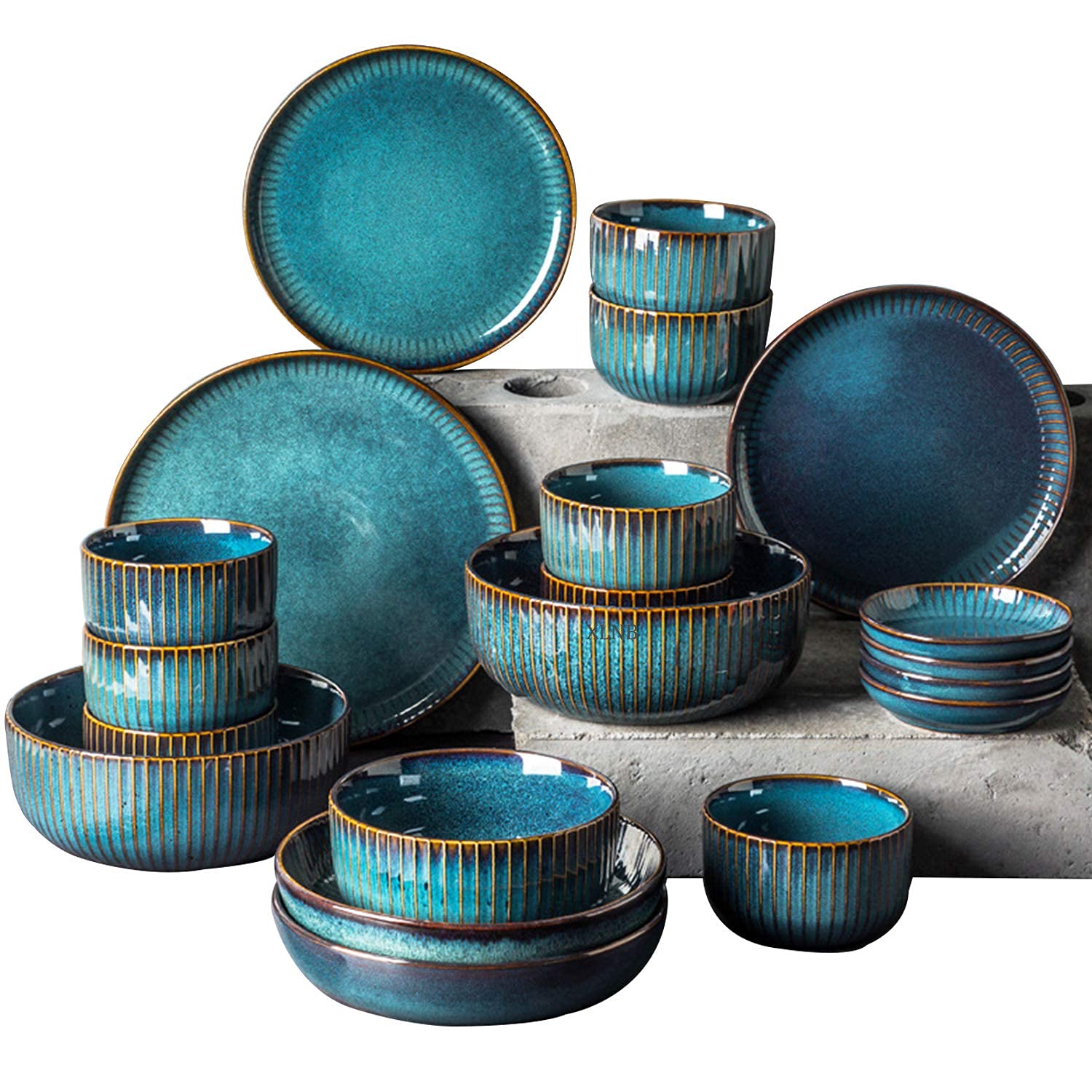 Fine Dinnerware Set,Dinnerware Set,Blue Porcelain Dinnerware Sets, Ceramic Plates and Bowls Dinner Sets, Modern Creativity Reactive Glaze Stoneware Dishes Set for Kitchen/Dining,28 piece (serving 8 pe