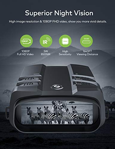 VABSCE Digital Night Vision Binoculars, 1080p FHD, 1640ft Viewing Range, Superior 5W Infrared, High Sensitivity COMS Sensor Night Goggles for Hunting, Camping and Surveillance with 64GB Micro SD Card