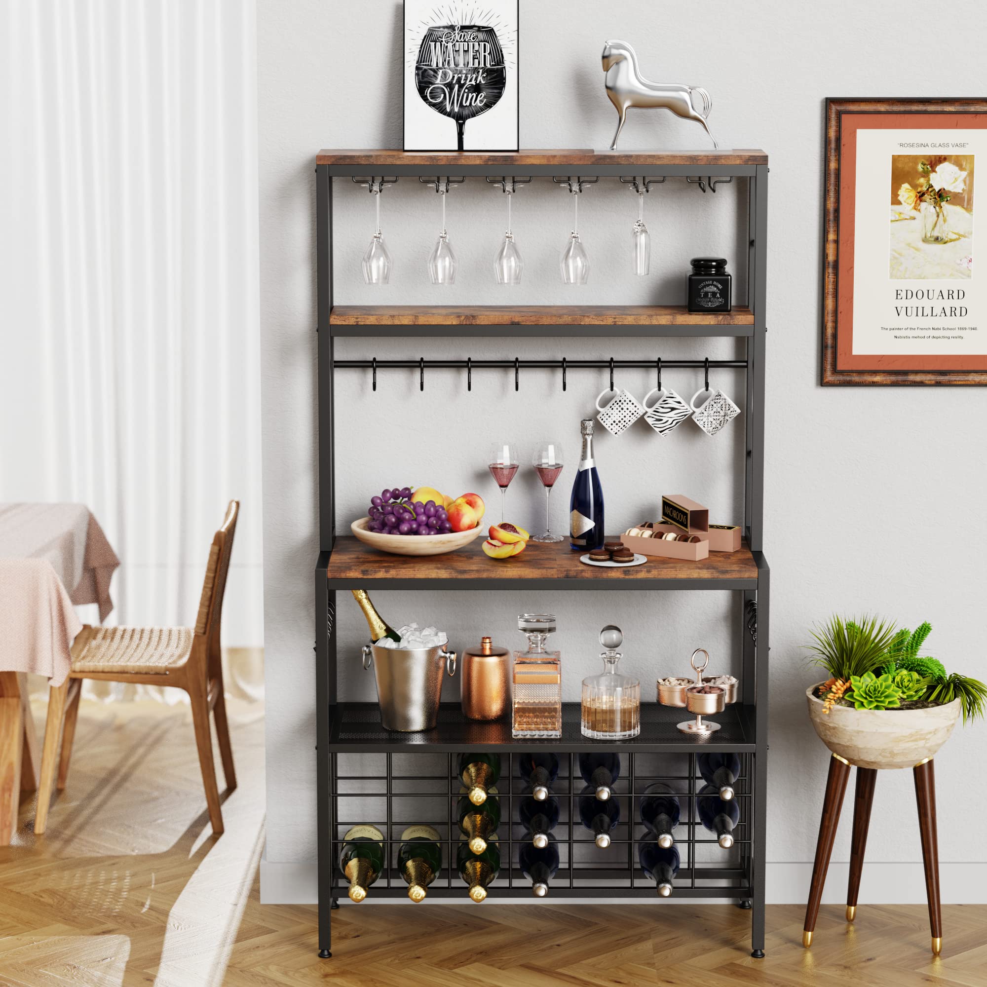 Monesti Wine Rack Freestanding, Industrial Wine Bar Rack, Floor Liquor Wine Cabinet Storage with 16 Hooks(Rustic Brown).
