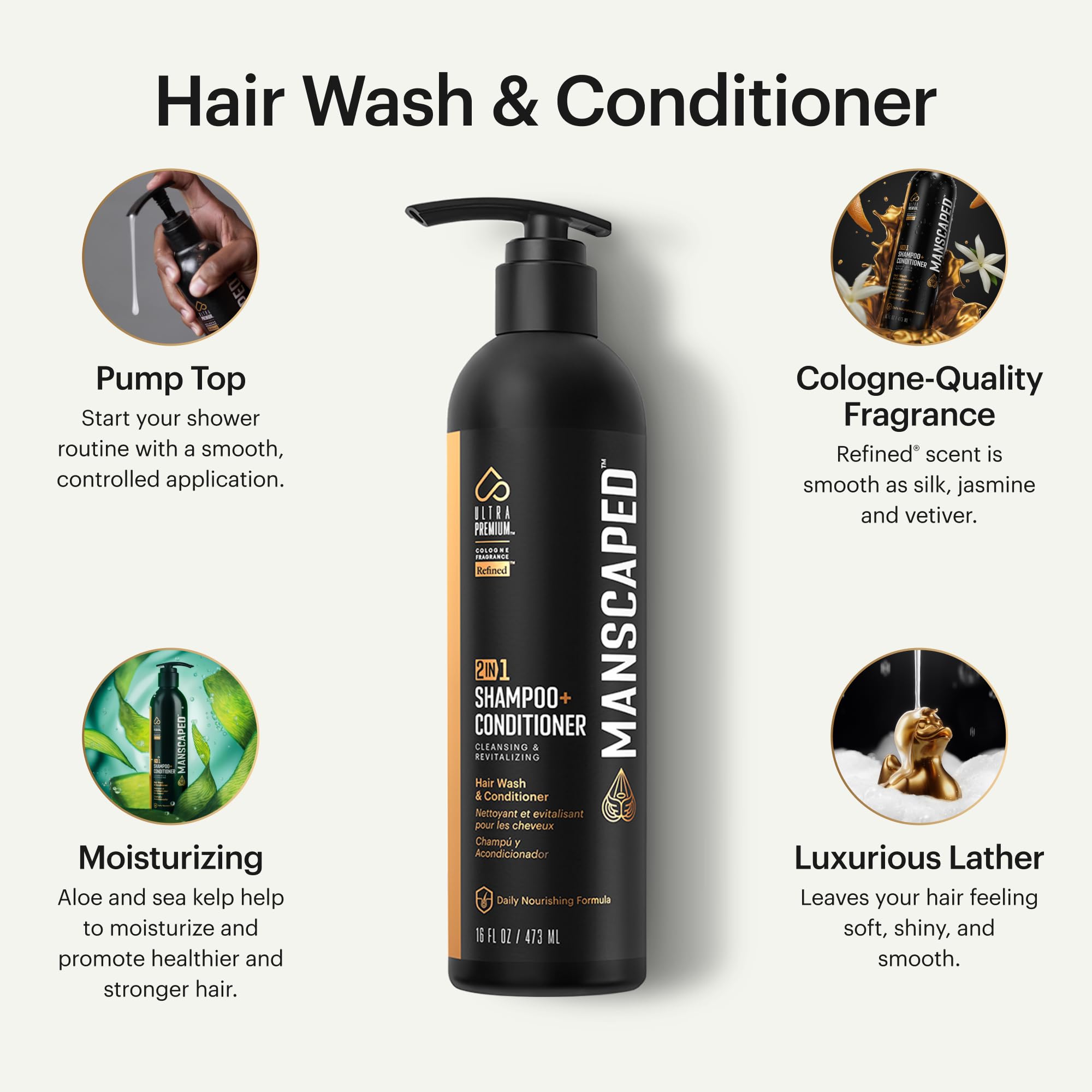 MANSCAPED® 2 In 1 Shampoo & Conditioner, UltraPremium Formula Infused with Sea Kelp, Coconut Water, Aloe for Nourishing and Hydrating Hair (16 oz), 2 Pack