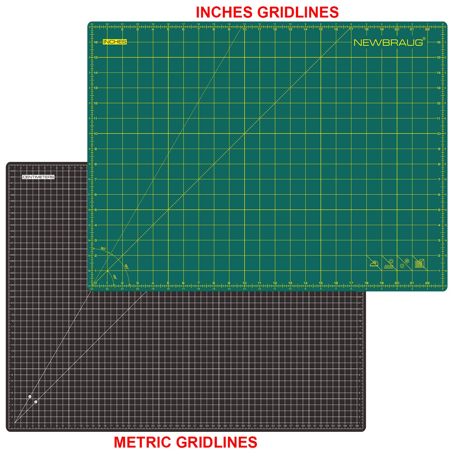 NEWBRAUG 18'' × 24'' Perfect Self Healing Cutting Mat, Non-Slip Gridded Rotary Cutting Board, Necessary for Quilting, Sewing, Craft, Fabric & Scrapbooking(Green/Black)