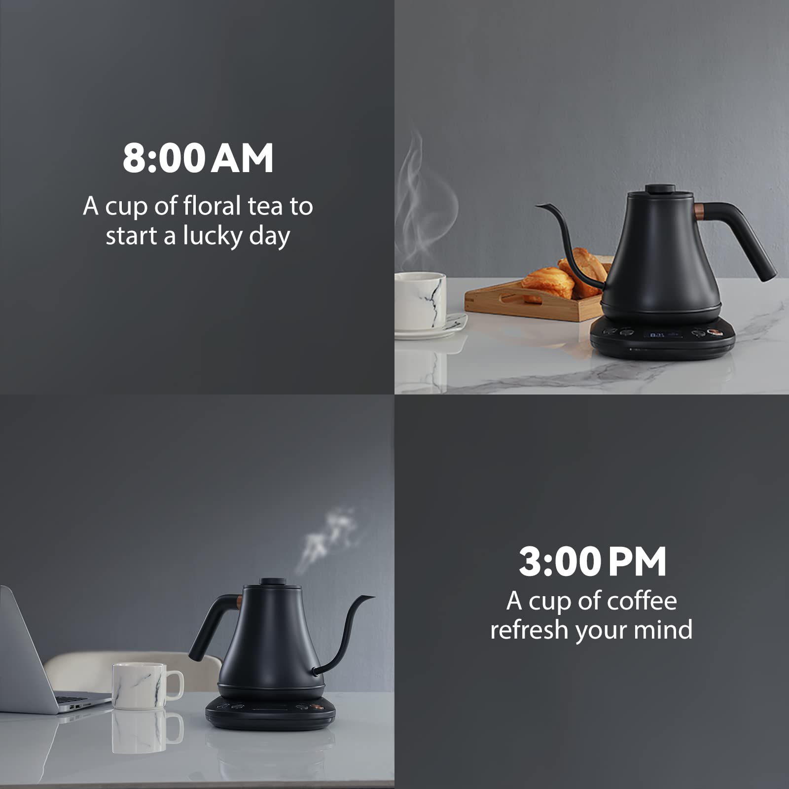 Mecity Electric Gooseneck Kettle With LCD Display Automatic Shut Off Coffee Kettle Temperature Control Hot Water Boiler Pour Over Tea Kettle 1200 Watt Quick Heating Electric Tea Pot, 0.8L, Matt Black