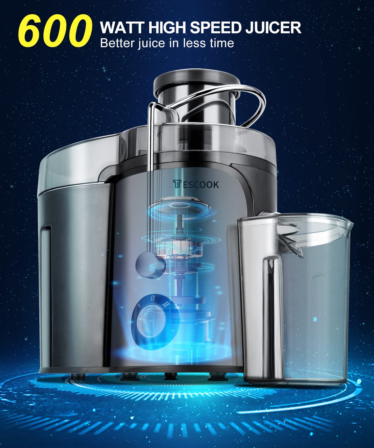 Juicer, 600W Juicer Machines 3 Speeds with 3'' Feed Chute, Juicer Extractor for Whole Fruits & Vegs, Dishwasher Safe, BPA-Free, Non-Drip Function