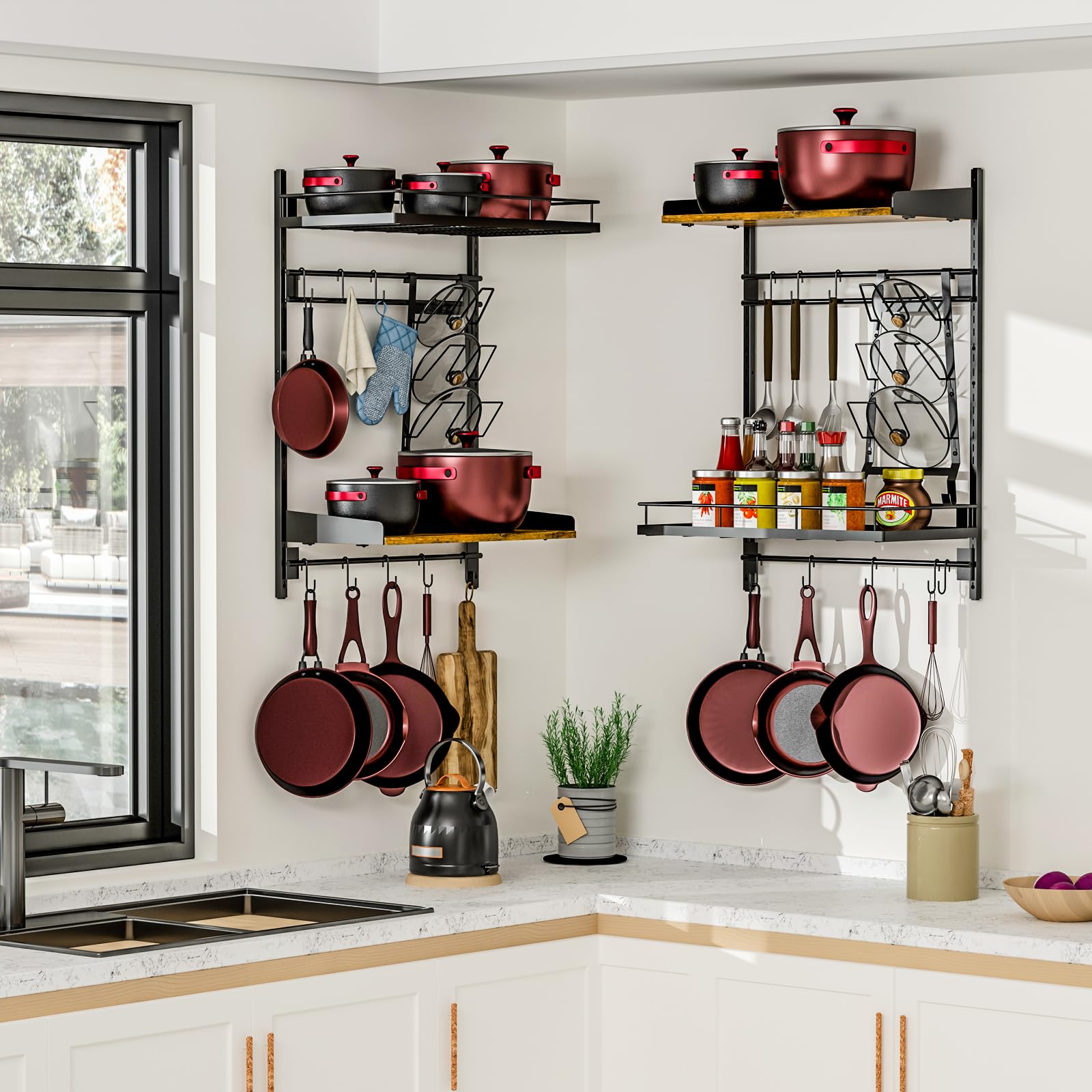 Zitaloken Hanging Pots and Pans Organizer, 2 Packs Adjustable Kitchen Shelves Wall Mounted, Pot Lid Holder Cookware & Cutting Board Storage Rack with 18 Hooks,Matte Black