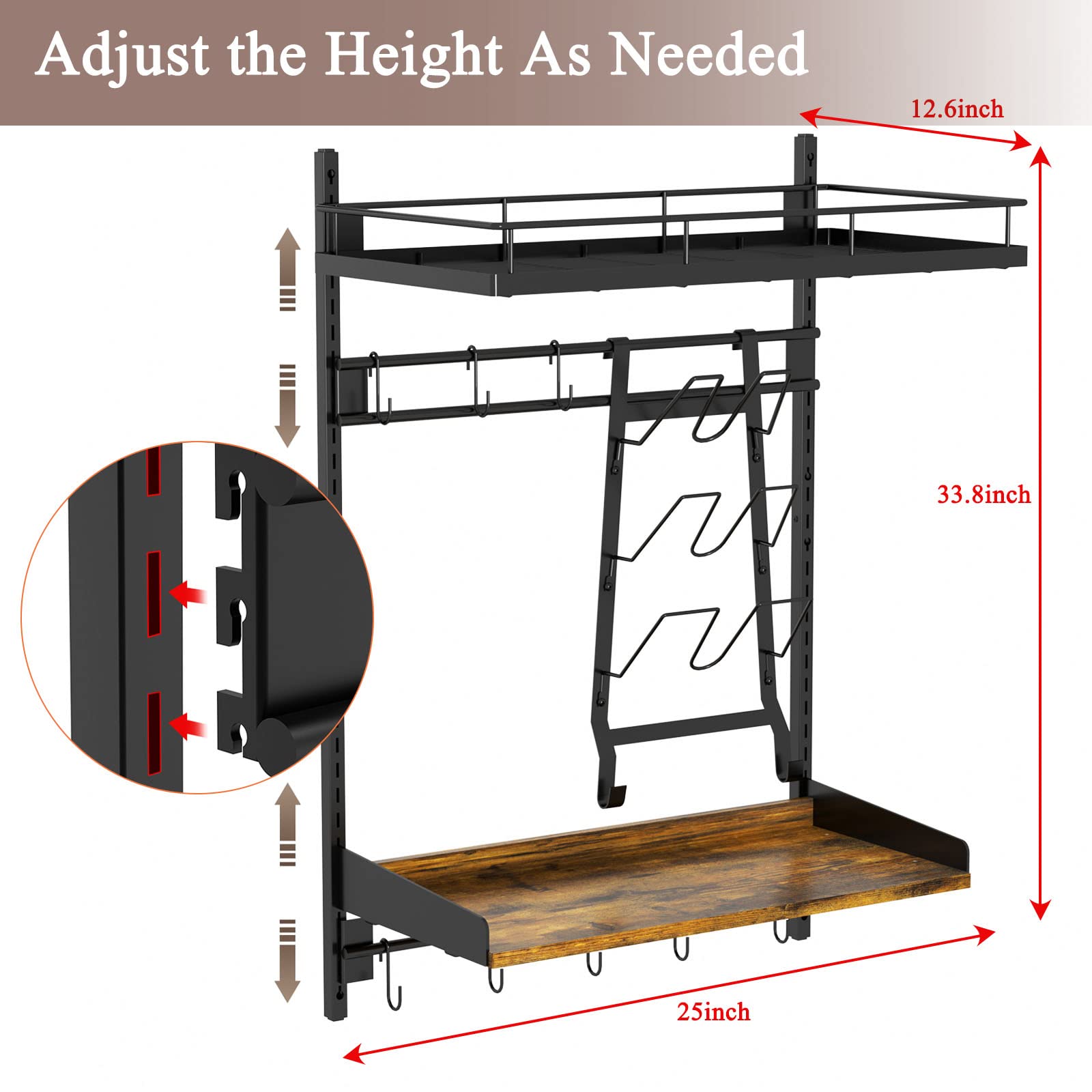 Zitaloken Hanging Pots and Pans Organizer, 2 Packs Adjustable Kitchen Shelves Wall Mounted, Pot Lid Holder Cookware & Cutting Board Storage Rack with 18 Hooks,Matte Black