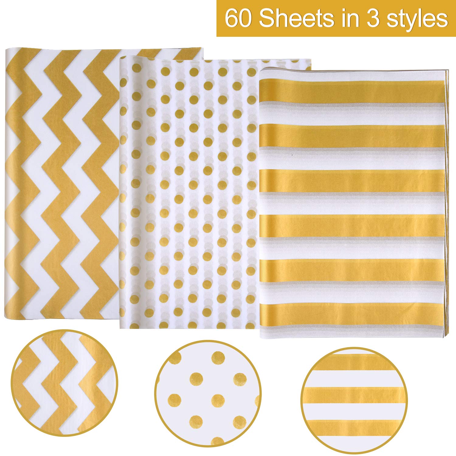 MIAHART 60 Pcs Gold White Tissue Paper Bulk 3 Style Decorative Metallic Wrapping Paper for Gift Bags Birthday Christmas Party Decoration, DIY Arts Crafts Gold Dot Wave Design Patterned(60 Sheet)