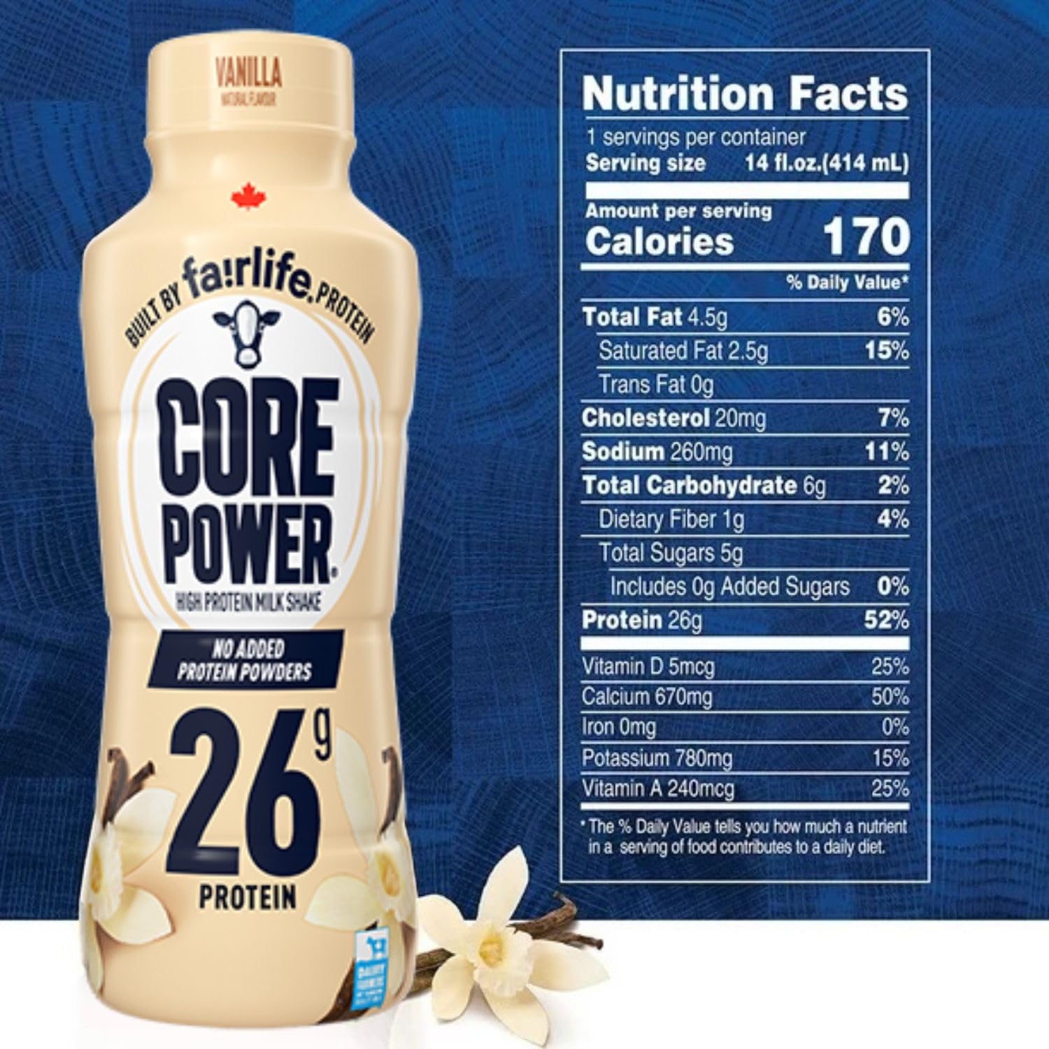 Fairlife Core Power 26g Protein Milk Shakes, Vanilla, (Pack of 4) Made with Canadian Milk, 414mL/14 fl. oz. (Shipped from Canada)