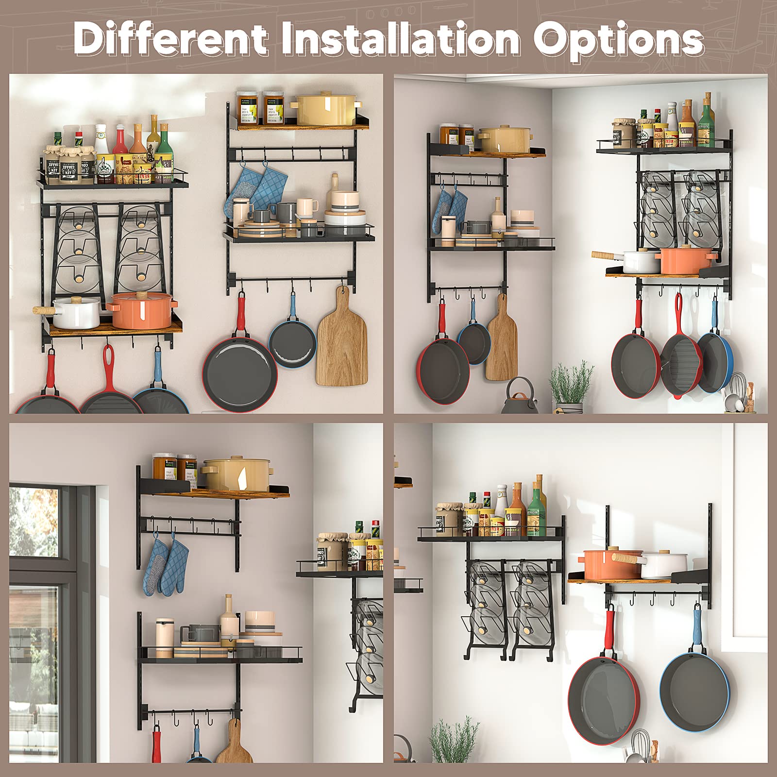 Zitaloken Hanging Pots and Pans Organizer, 2 Packs Adjustable Kitchen Shelves Wall Mounted, Pot Lid Holder Cookware & Cutting Board Storage Rack with 18 Hooks,Matte Black