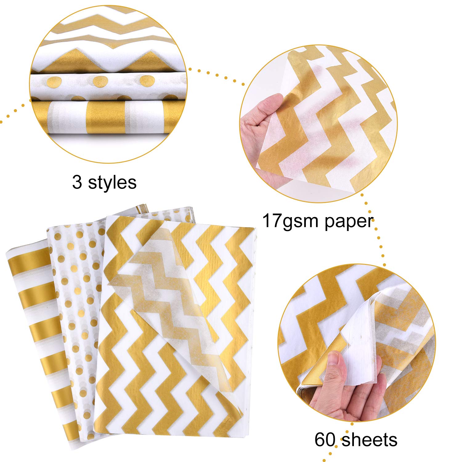 MIAHART 60 Pcs Gold White Tissue Paper Bulk 3 Style Decorative Metallic Wrapping Paper for Gift Bags Birthday Christmas Party Decoration, DIY Arts Crafts Gold Dot Wave Design Patterned(60 Sheet)