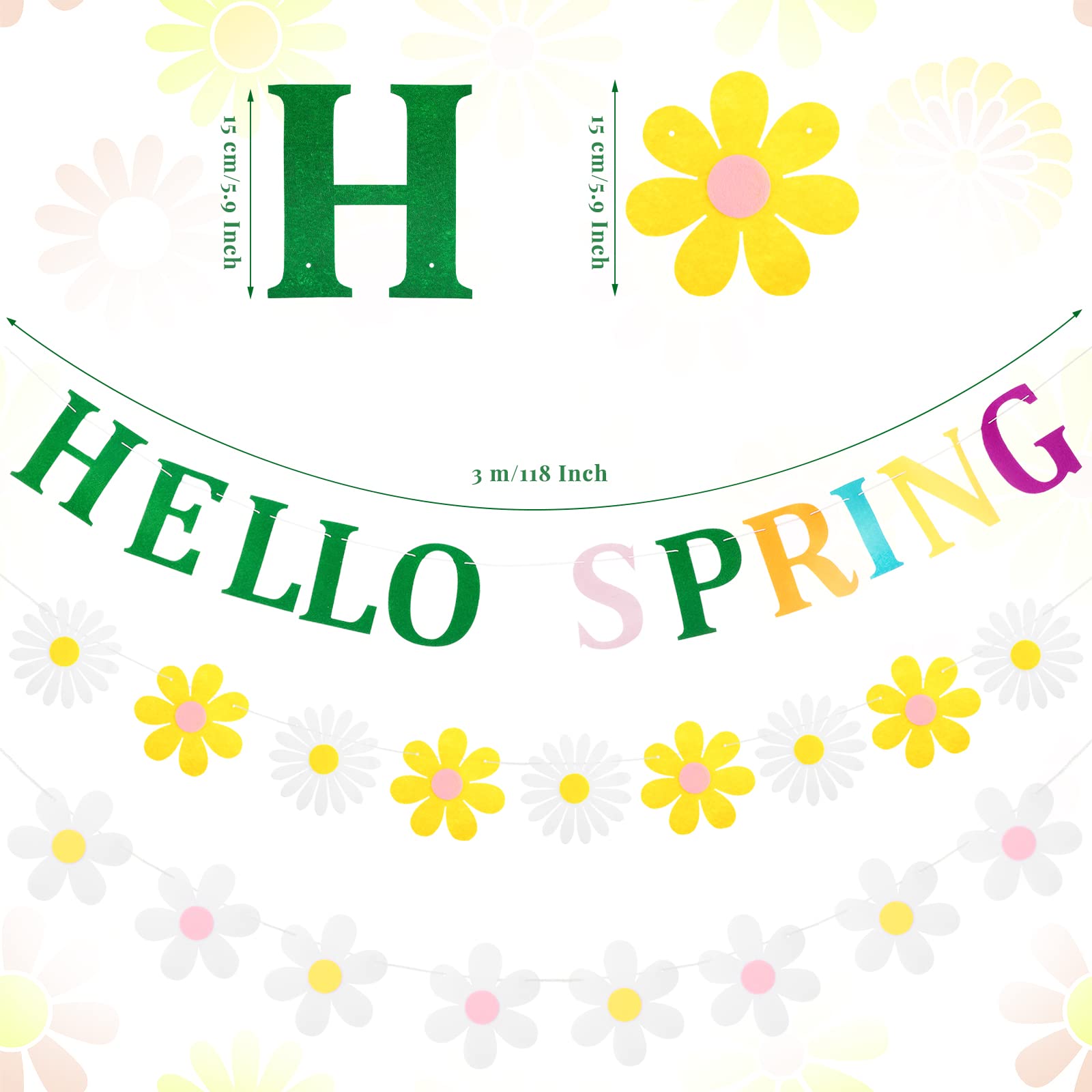 3 Pieces Hello Spring Banners Spring Flower Banner Garland Decoration, Spring Daisies Garlands for Outdoors Indoors Party Hanging Celebrations Decorations (Spring)