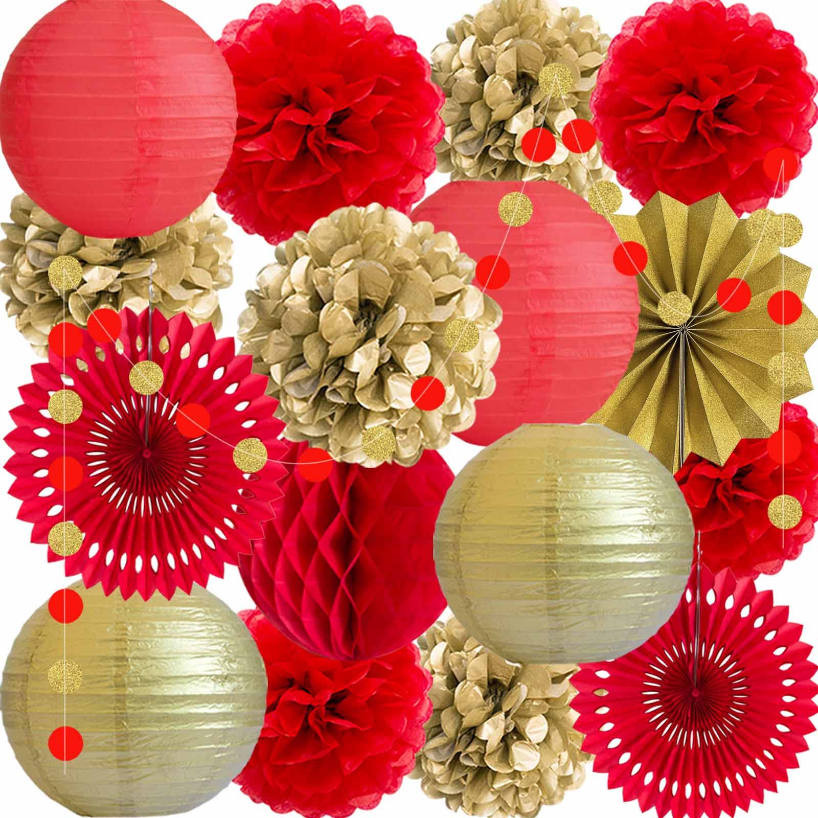 ANSOMO Red and Gold Party Decorations Paper Fans Lanterns Tissue Pom Poms Wall Hanging Decor Supplies Bridal Baby Shower Birthday Wedding Graduation