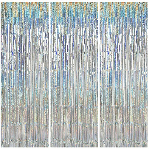 3 Pcs Sliver Metallic Foil Curtains,3.28ft x 6.56ft Laser Glitter Fringe Rain Curtain Shine Photo Booth Backdrop Tinsel Curtain Streamer for Wedding Christmas New Year Baby Shower Bachelorette Party