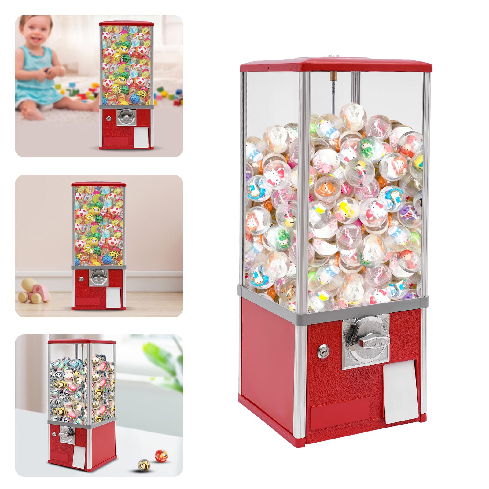 LOHISHILO Vending Machine, Commercial Vending Machine, Prize Machine, Commercial Vending Machine for 2 Inch Round Capsules Gumballs Bouncy Balls, 700-800 Coins, Red